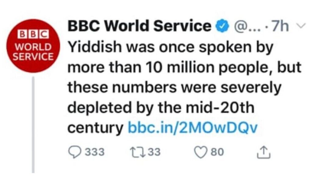 BBC apologises after tweet on dwindling Yiddish speakers does not cite ...