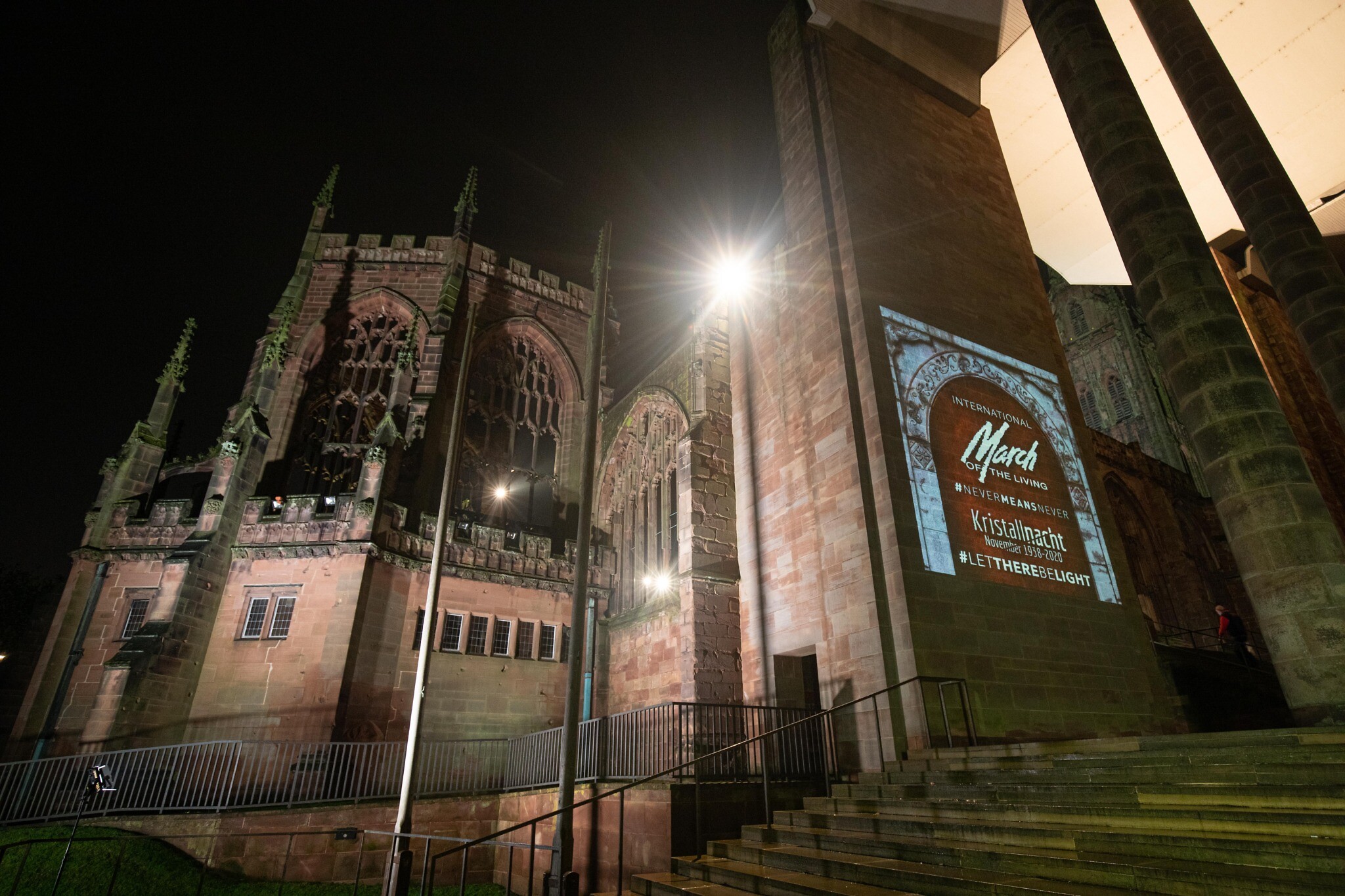 Messages projected onto Coventry Cathedral to mark Kristallnacht ...