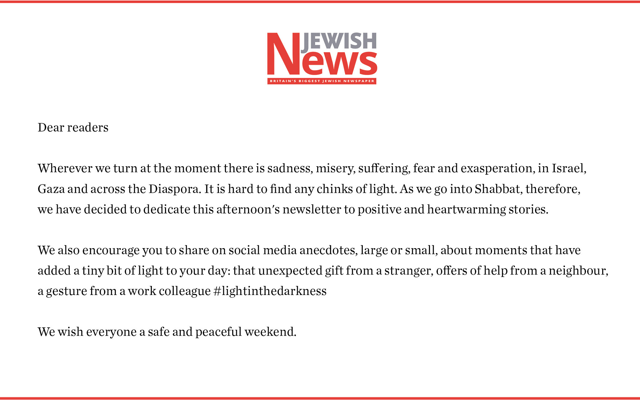 This Shabbat, let's focus on the #lightinthedarkness - Jewish News