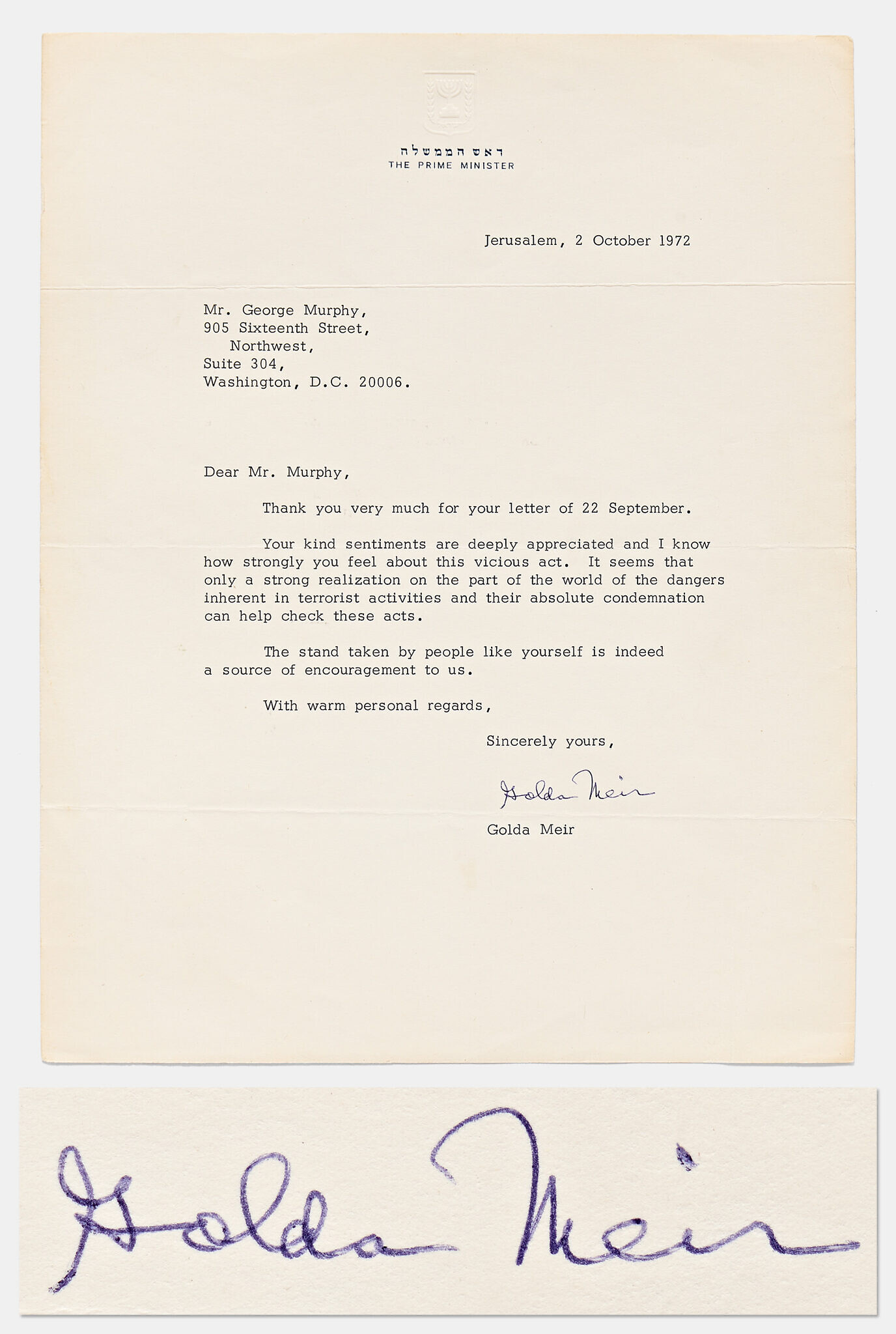 Historic Golda Meir letter on Munich Olympics massacre to be auctioned ...